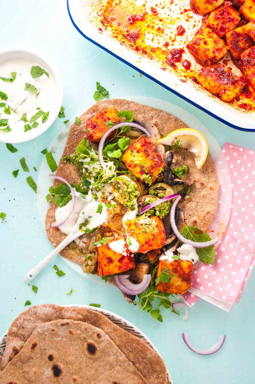 Harissa halloumi kebabs with spelt wraps • Delicious from scratch