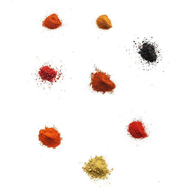 A rainbow of chilli powders • Delicious from scratch